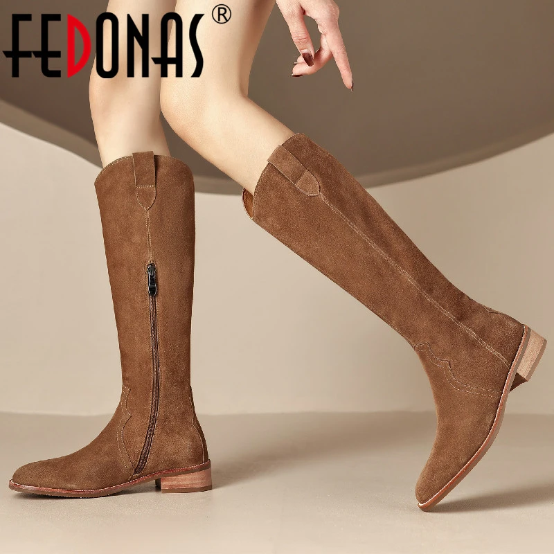 FEDONAS Cow Suede Leather Women Knee High Boots Autumn Winter Low Heels Comfort Office Casual ...