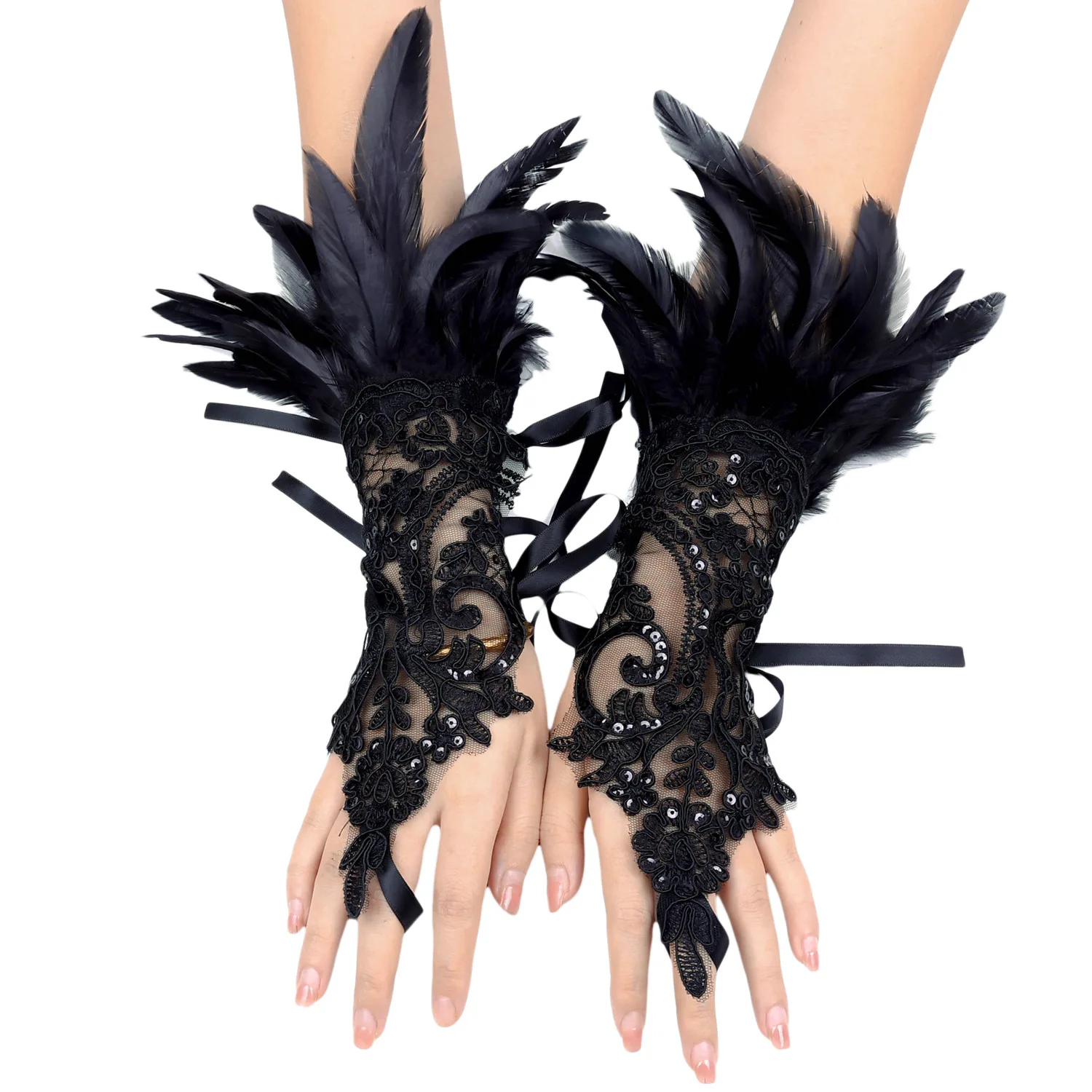 Fashion-Feather-Sleeve-Cuffs-Gloves-Party-Cosplay-Lace-Wrist-Cuffs-Fur ...