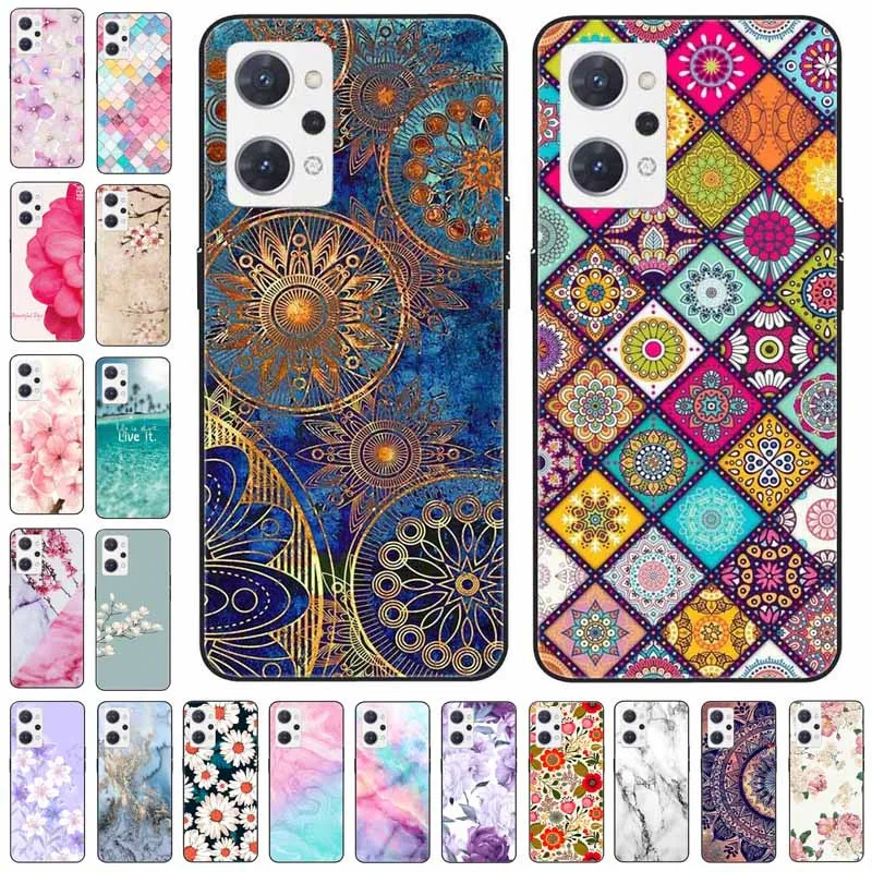 For-OPPO-Reno-7A-5A-3A-Case-Soft-Silicone-Marble-Flower-Black-Phone ...