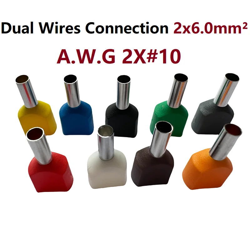50PCS-2x6mm-Guage-2x10-Copper-Insulated-Ferrules-Cable-Lug-Dual-Cables ...