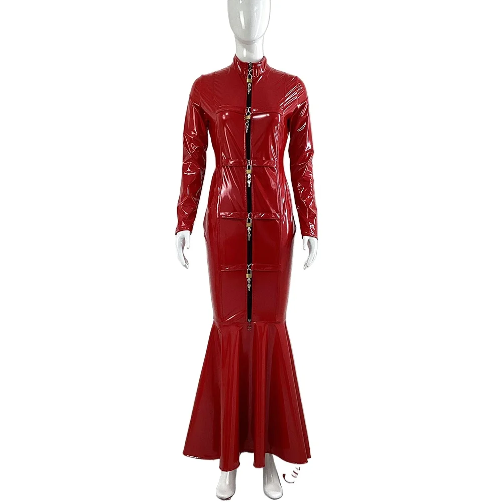 Sissy Mock Neck Lockable Long Mermaid Dress Shiny PVC Long Sleeves ...