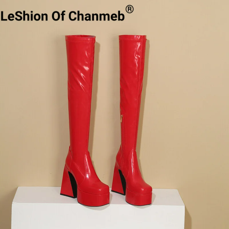 Bright Red Patent Leather Stretch Thigh Boots Women Chunky Thick High ...