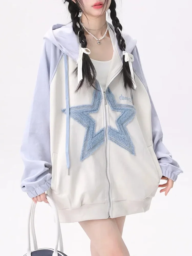 ADAgirl-Kawaii-Zip-Up-Hoodies-Sweet-Star-Pattern-Oversized-Raglan ...