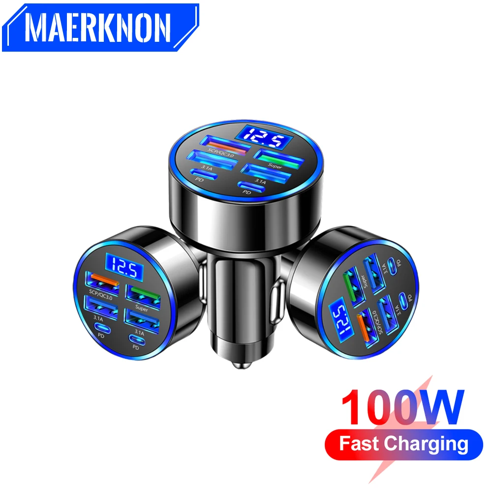 USB PD 100W Fast Charging Car Charger 6 Ports Quick Charge 3.0 Mobile ...
