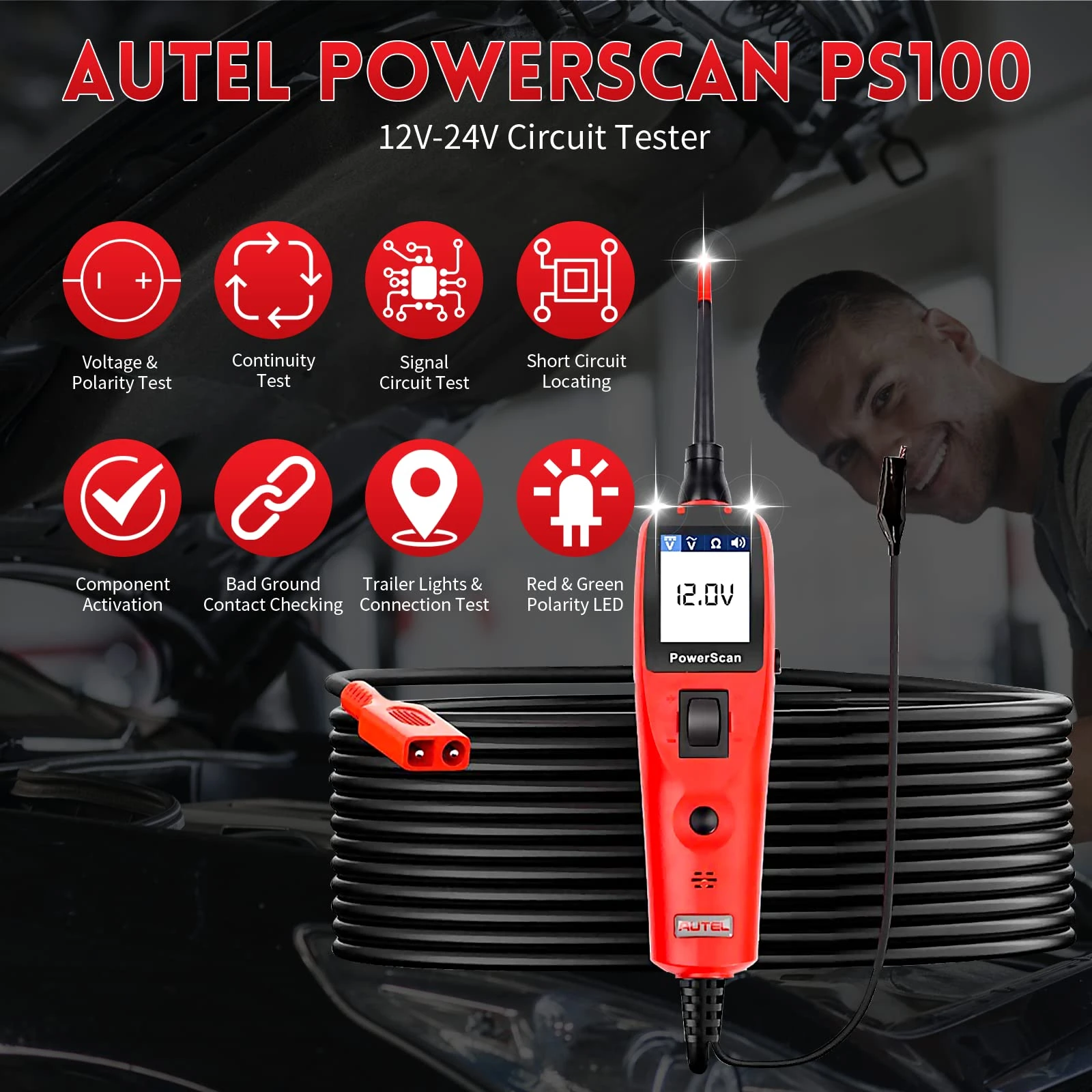 Autel 전원 스캔 PS100 전원 회로 프로브 키트, 12V 24V AC DC 디지털 전압 자동차 회로 테스터 자동차 진단 ...