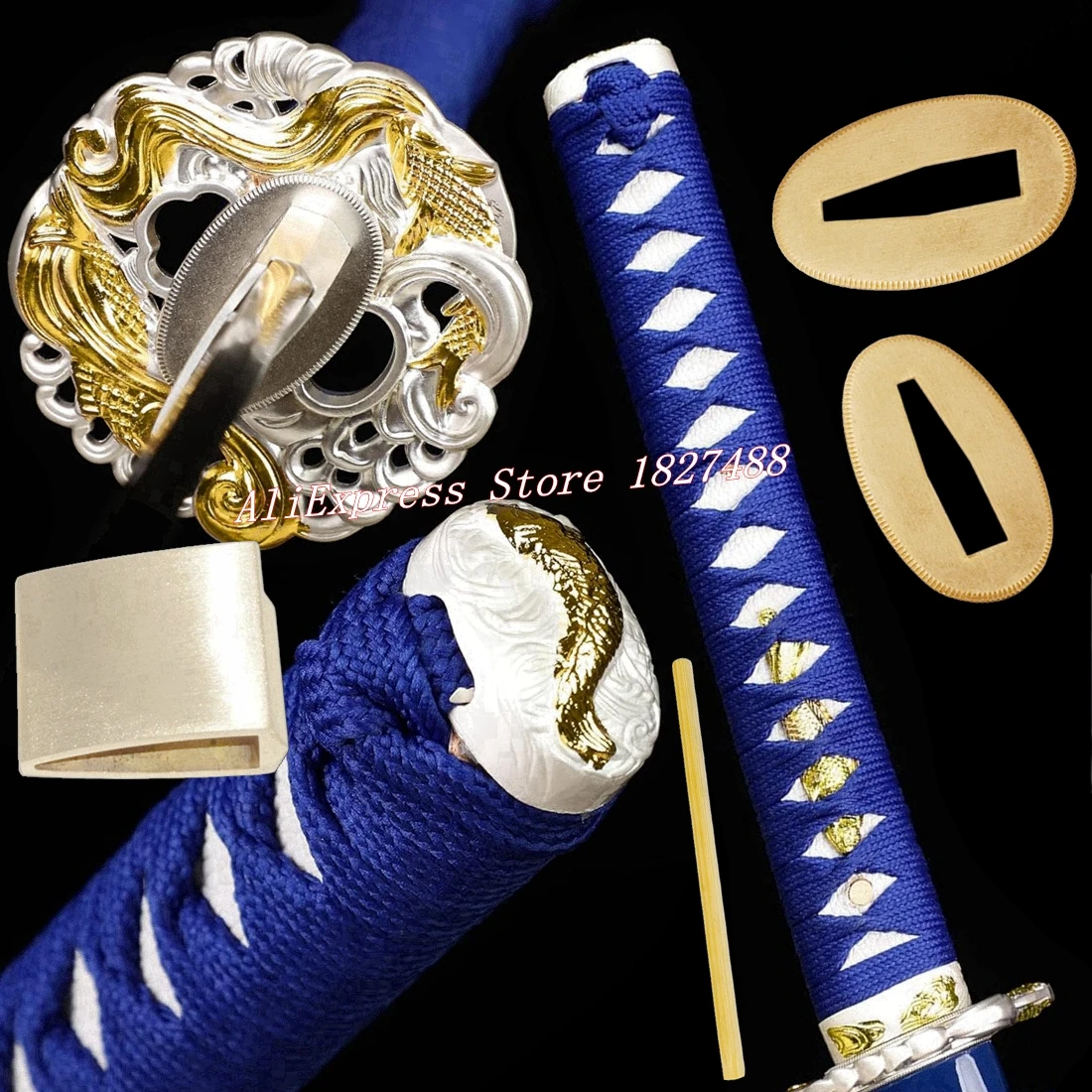 26CM-Blue-Ito-Katana-Tsuka-Japanese-Samurai-Sword-Alloy-Accessory-Set ...
