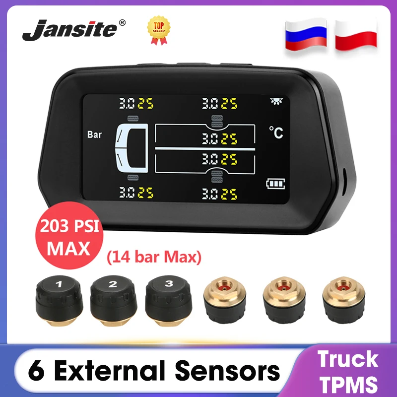 Jansite TPMS 자동차 경보 타이어 압력 6 개 센서 모니터링 시스템, 자동 보안 타이어 116 PSI 최대 압력 대형 ...