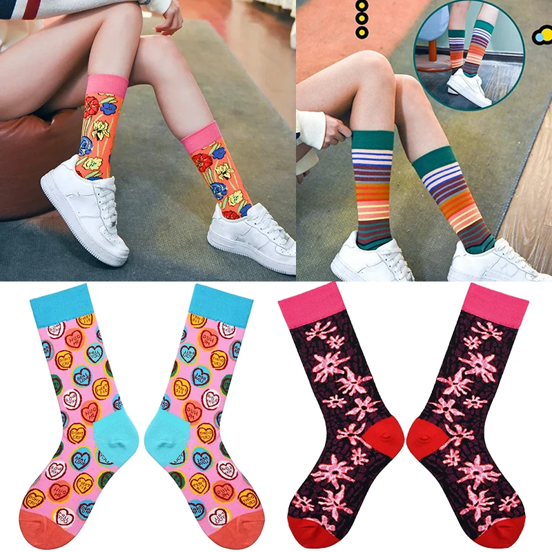 2024-Colorful-Women-s-Cotton-Crew-Socks-Funny-striped-flowers-Animal ...