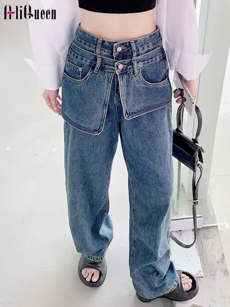 Korea-Retro-Irregular-Double-Waist-Fake-Two-Piece-Jeans-Women-Loose ...