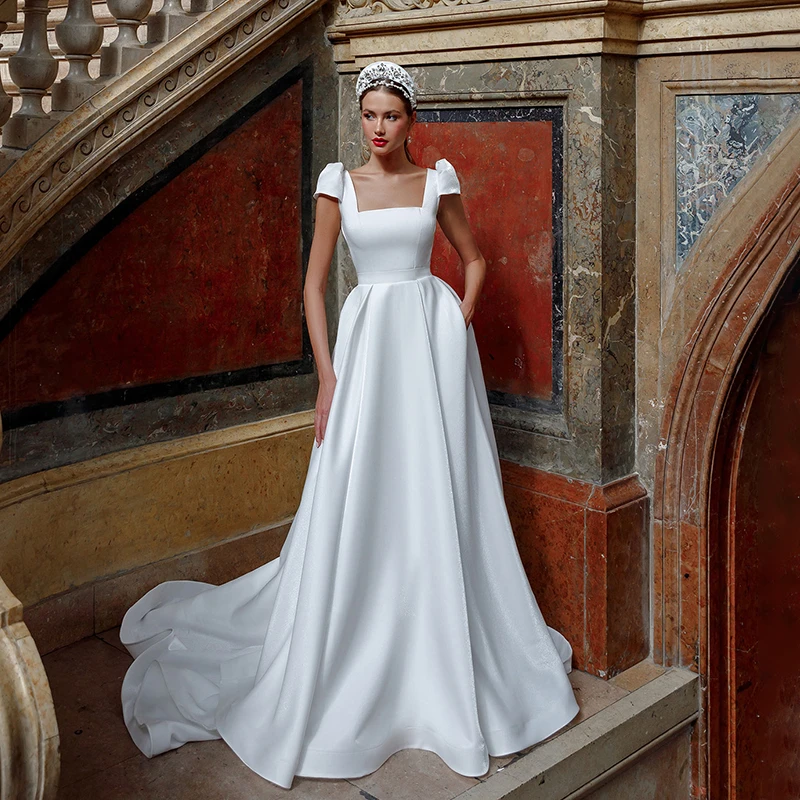 Fashion Square Collar A Line Satin Wedding Dresses Short Sleeve Floor ...