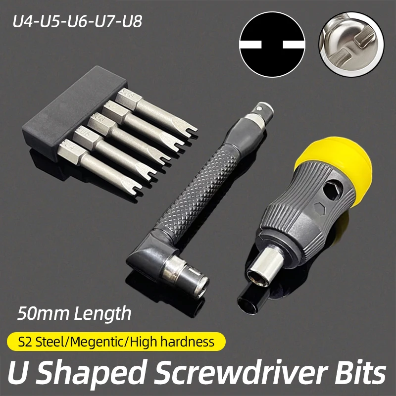 Magnetic U-shaped Screwdriver Bits Set 1/4" Hex S2 Steel 50mm U4 U5 U6 ...