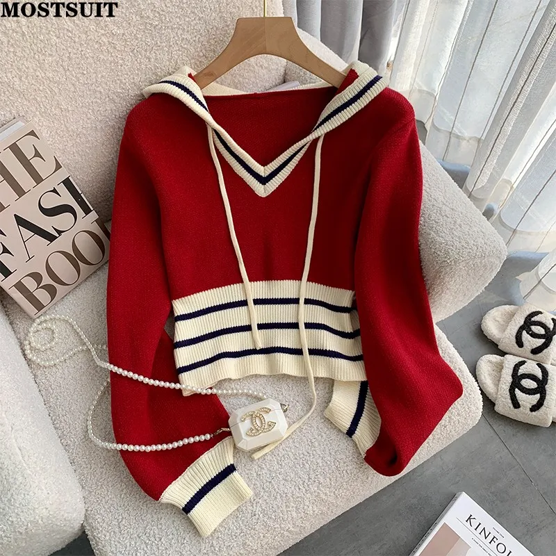 Red Hooded Crop Tops Sweaters Women Striped Knitted Long Sleeve ...