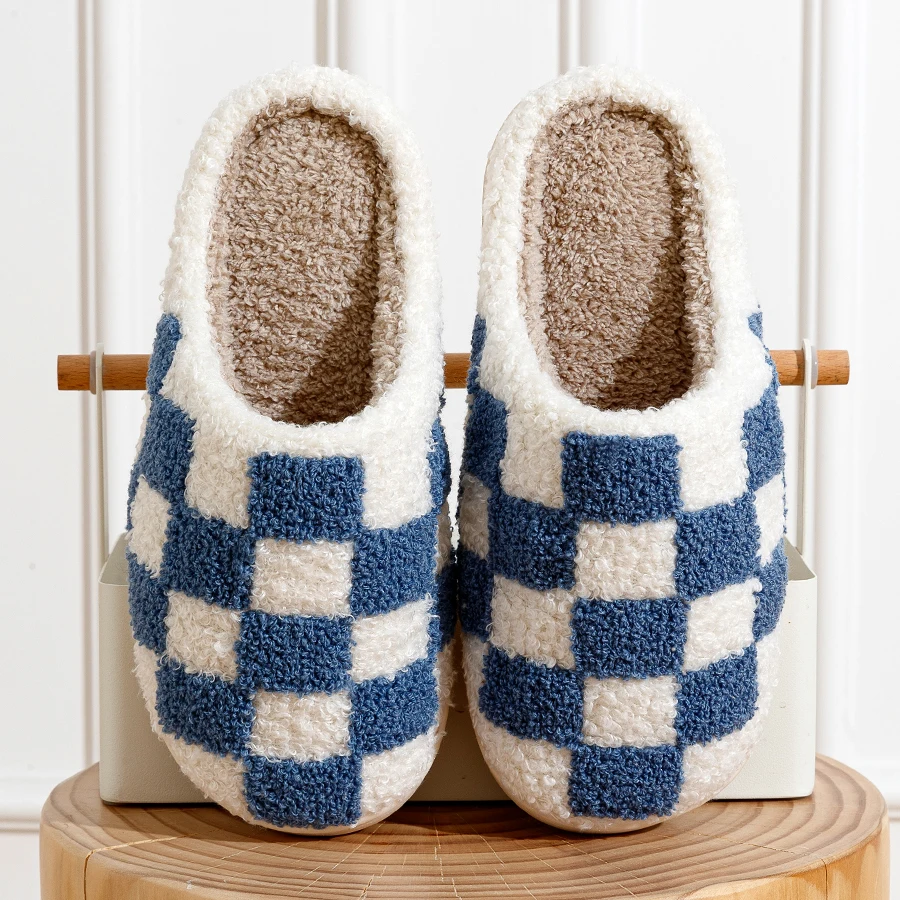Fuzzy-Women-Men-Slippers-Fashion-Checker-Embroidery-Houseshoes-Cozy ...