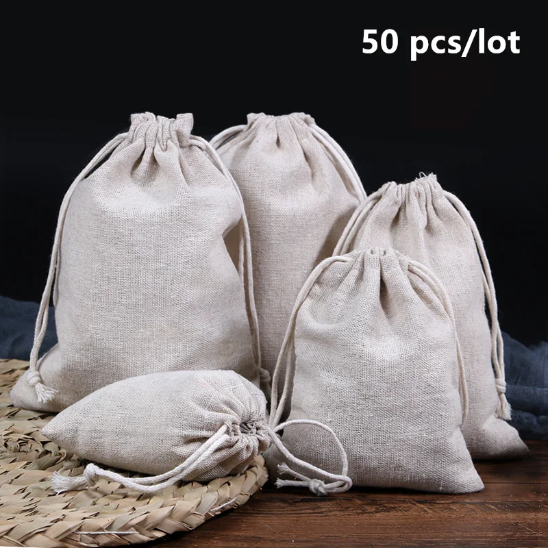 50 Pcs/Lot Linen Storage Drawstring Bags Party Christmas Gift Fabric ...