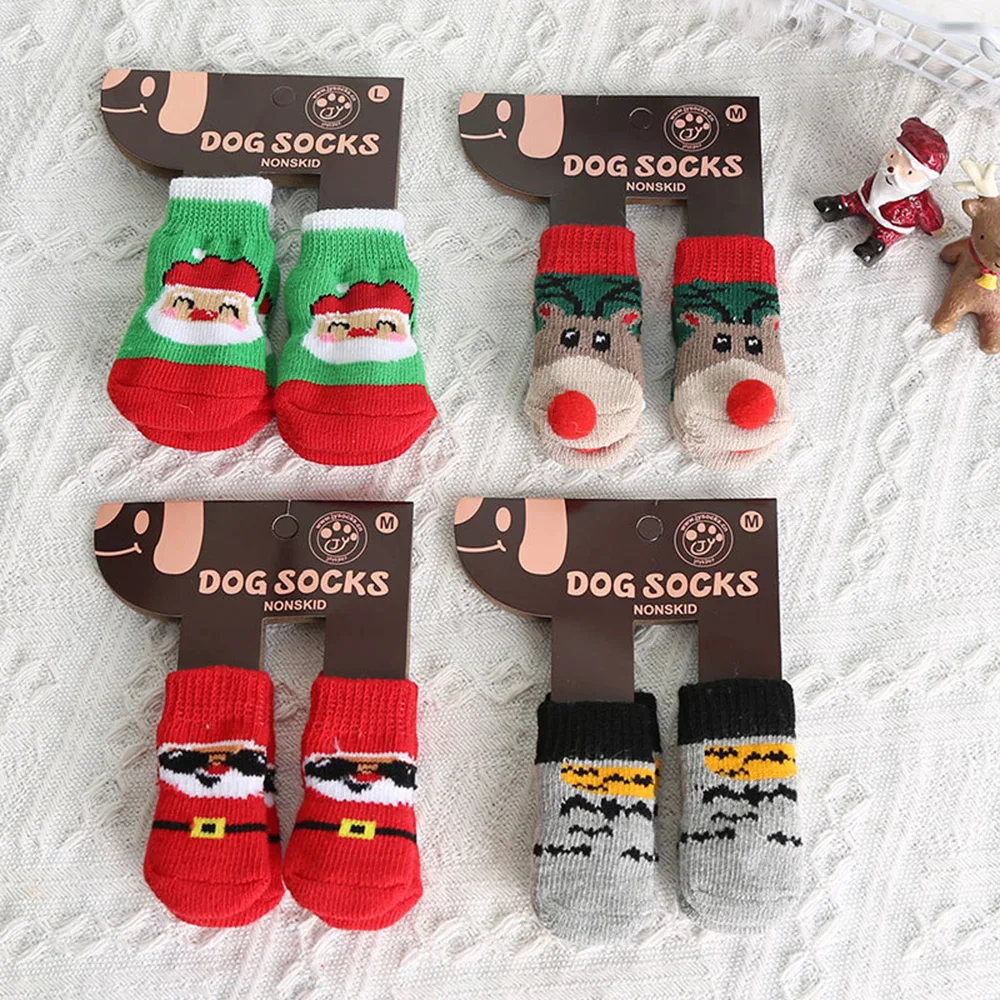 4pcs Christmas Winter Pet Dog Socks Small Cat Knit Warm Socks Dog Anti ...