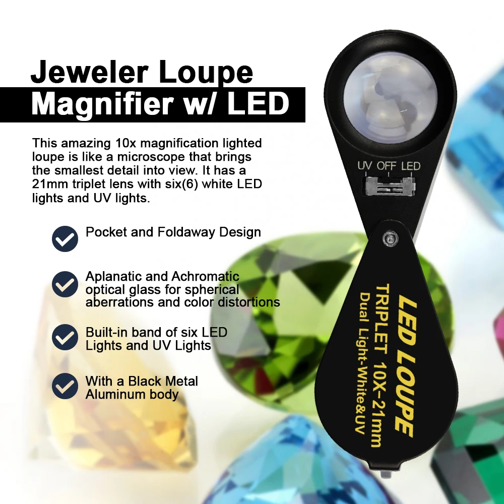 Professional 10x LED & UV Jewelers Loupe - Triplet Lens 21mm with 6 ...