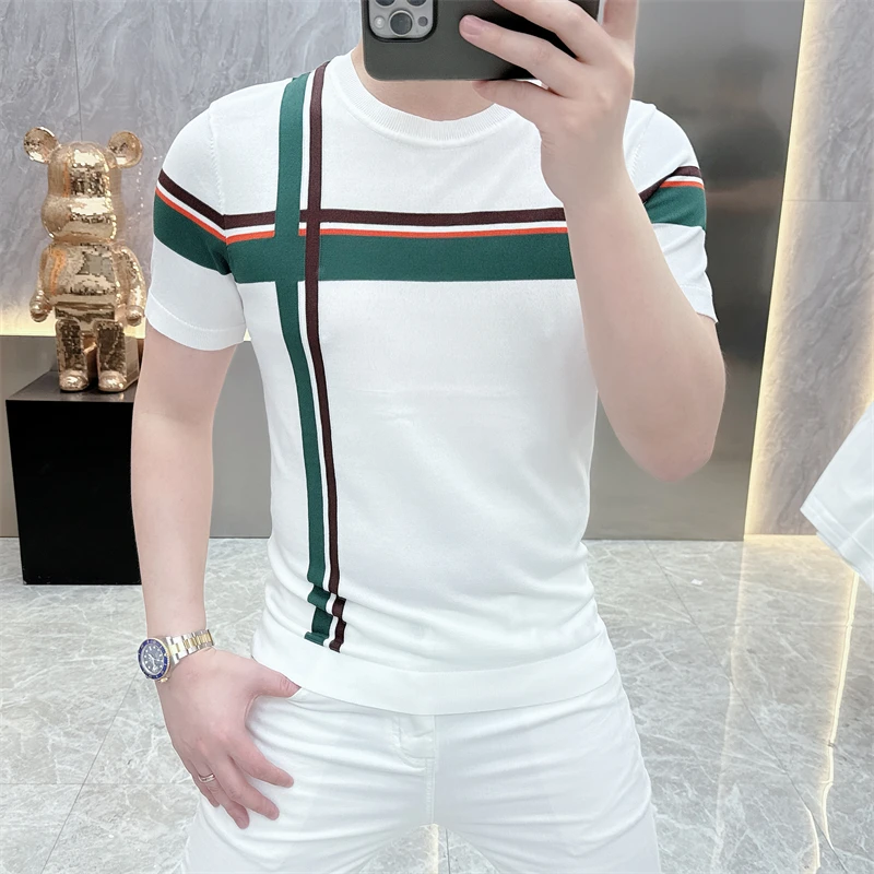 2024-Summer-Stripe-Knitted-T-shirt-Men-Slim-Fit-Short-Sleeve-T-shirt ...