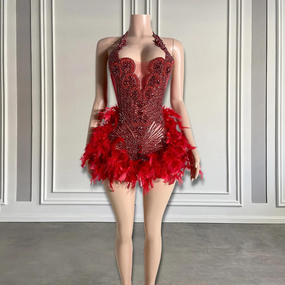 Stunning-Luxury-Crystal-Black-Girls-Short-Prom-Dresses-2024-See-Through-Red-Diamond-Feather ...