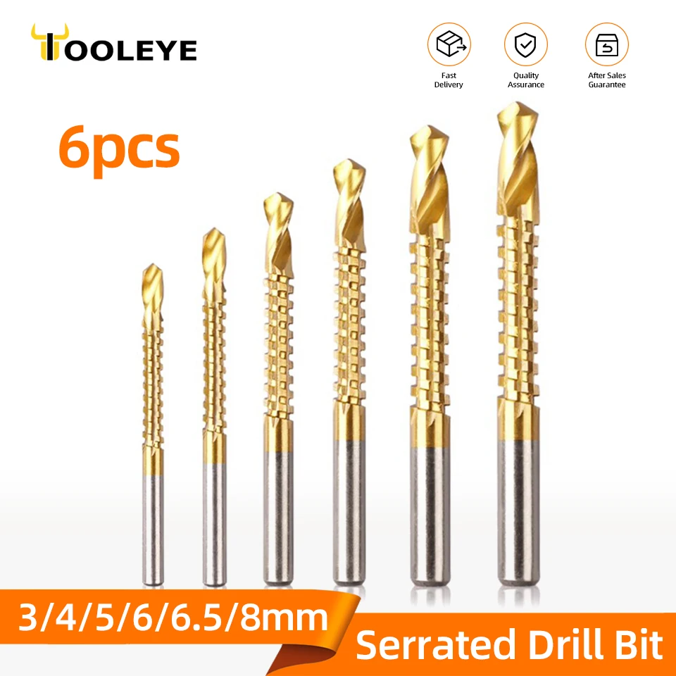 TOOLEYE 6pcs Serrated Drill Bit Set HSS Titanium Metal Twist Drills ...