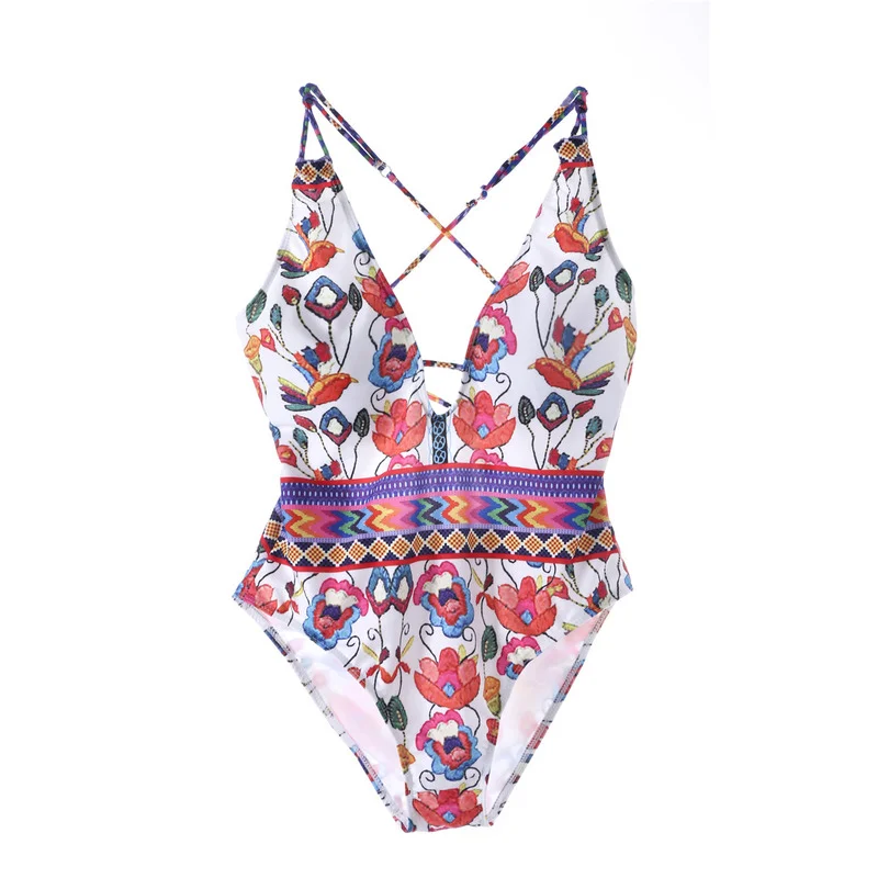 Summer-Bandage-Sexy-V-neck-Print-One-Piece-Swimsuit-Women-Swimwear ...