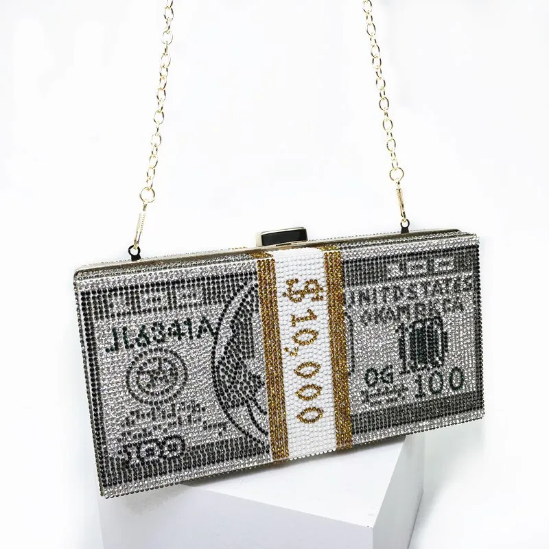 Creative Fashion New Money Clutch Rhinestone Purse 10000 Dollars Stack ...