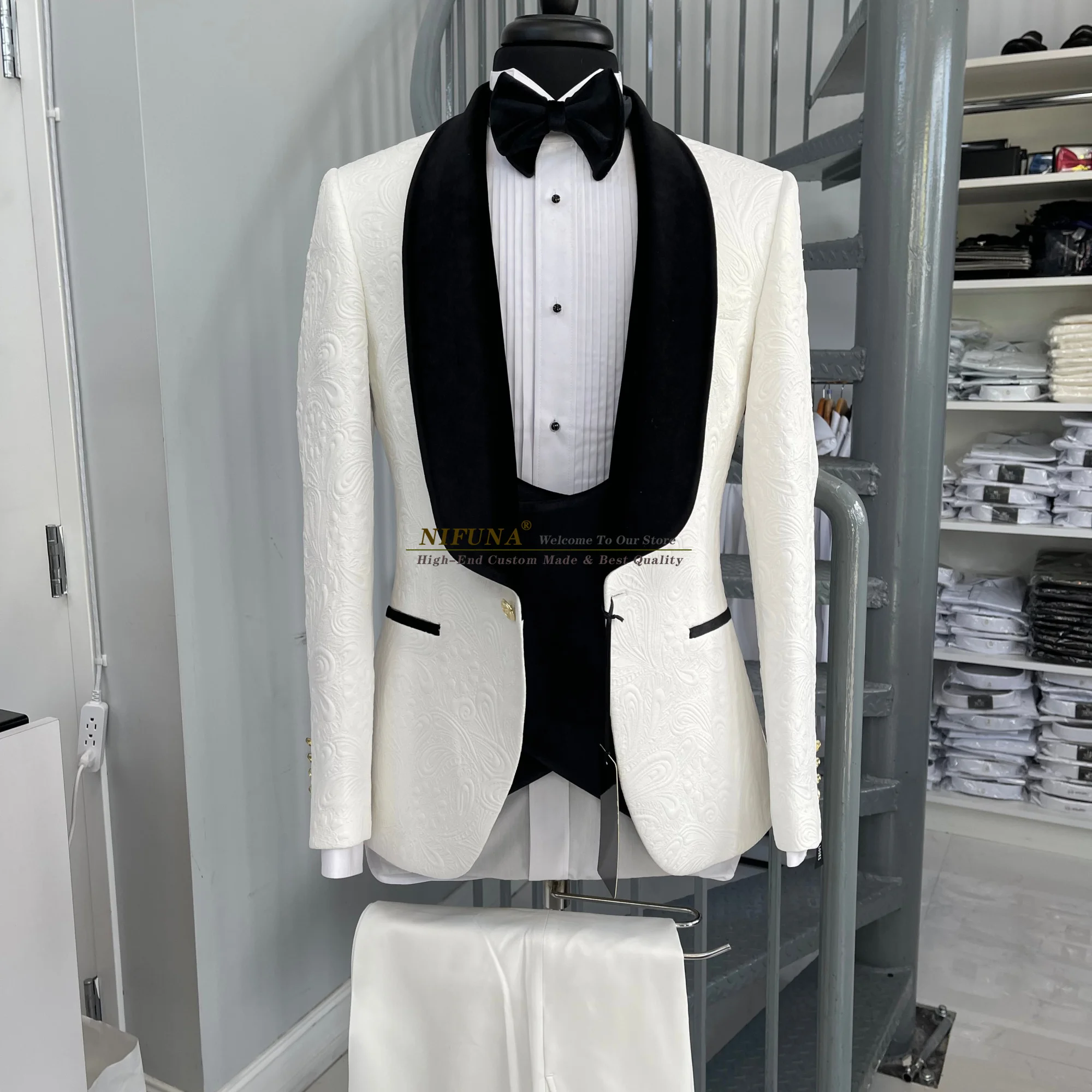 Branco Jacquard 3 Peça Ternos Masculinos De Casamento Do Baile Smoking ...