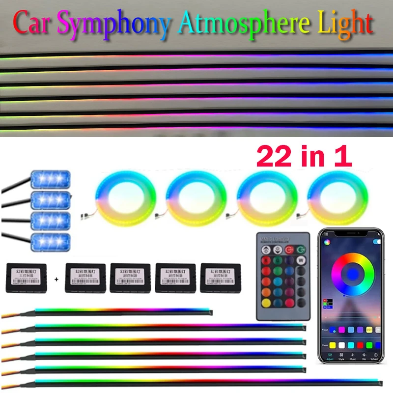 22 in 1 자동차 환경등 스피커 Led Symphony Streamer RGB 213 64색 레인보우 아크릴 스트립 리모컨 ...