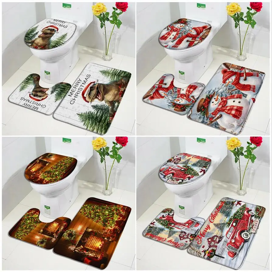 Winter-Christmas-Bath-Mat-Set-Funny-Dinosaur-Snowman-Xmas-Trees-Forest ...