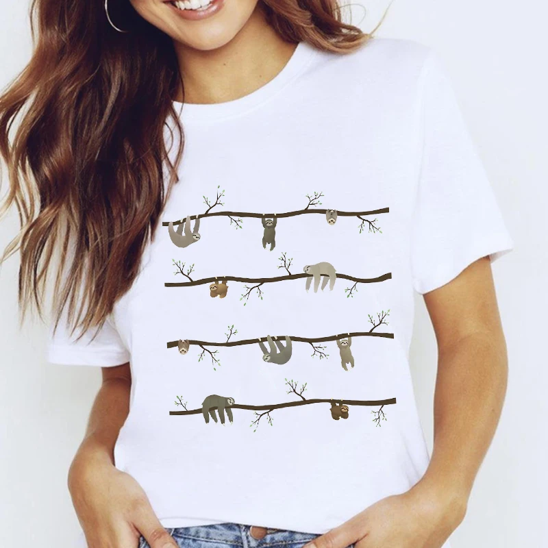 Women-Graphic-Cartoon-Funny-Sloth-Casual-Trend-Style-Short-Sleeve-Lady ...