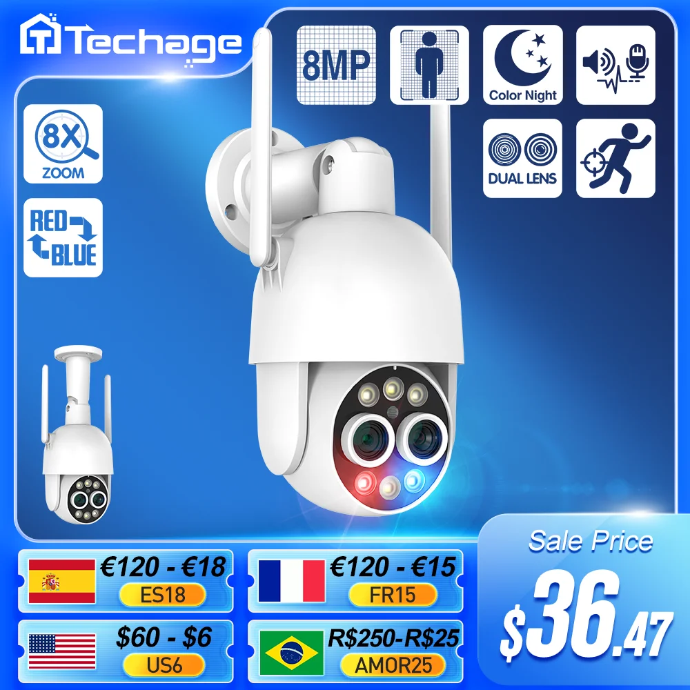 Techage Caméra de surveillance extérieure PTZ IP WiFi HD 8MP/2.8mm, dispositif de sécurité sans ...