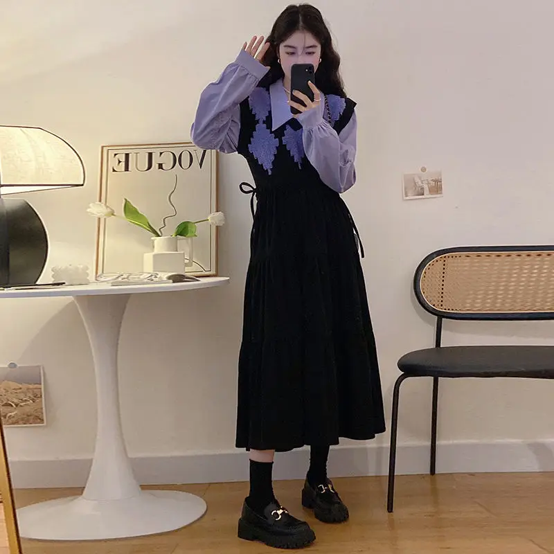 Women Dress French Vintage Fake Two-piece Splicing POLO Collar Sweater ...