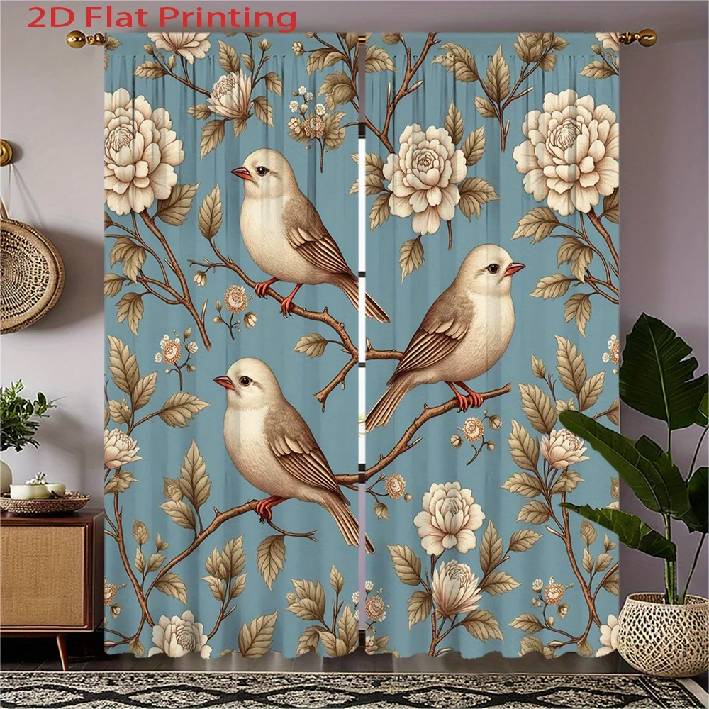 2D Flat, 2pcs Elegant Floral & Bird Print Curtains - Semi-Sheer Window ...