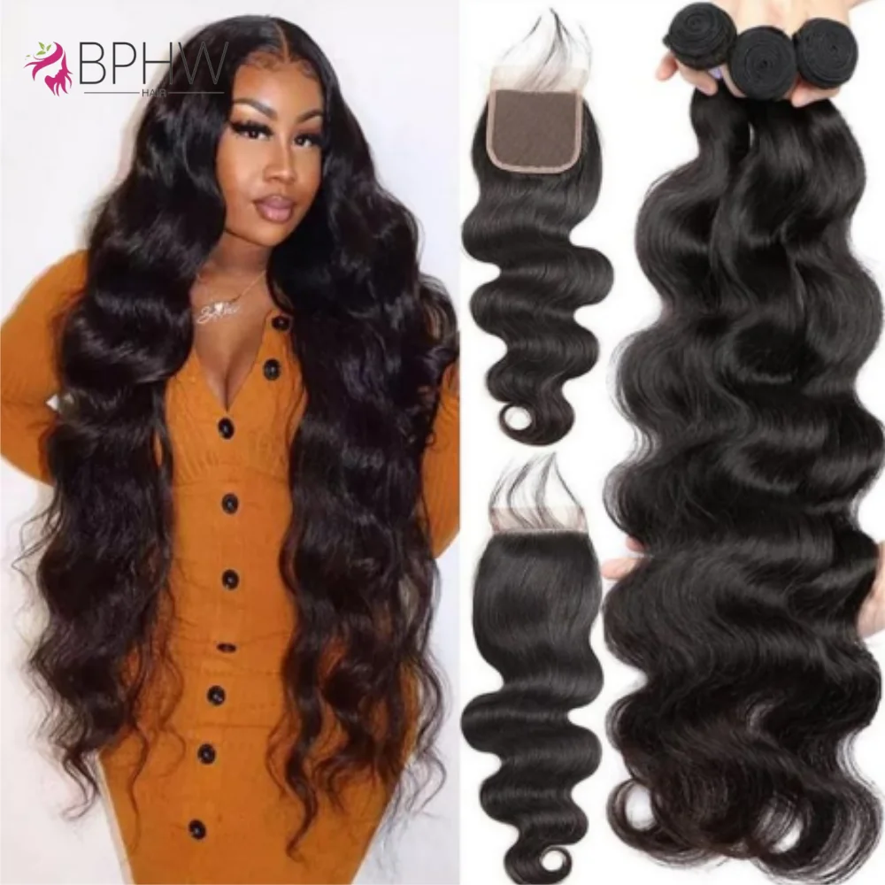 Body Wave 3 Bundles With 4x4 Closure Brazilian Human Hair Weave Bundles ...