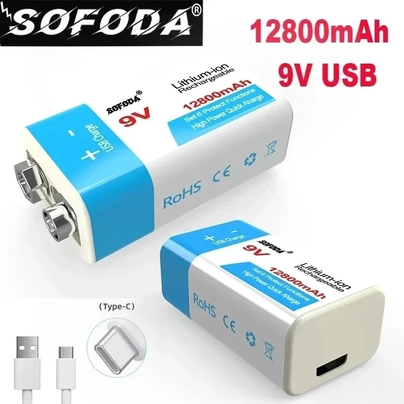New-9V-12800mah-lithium-ion-rechargeable-battery-type-C-USB-battery-9V ...