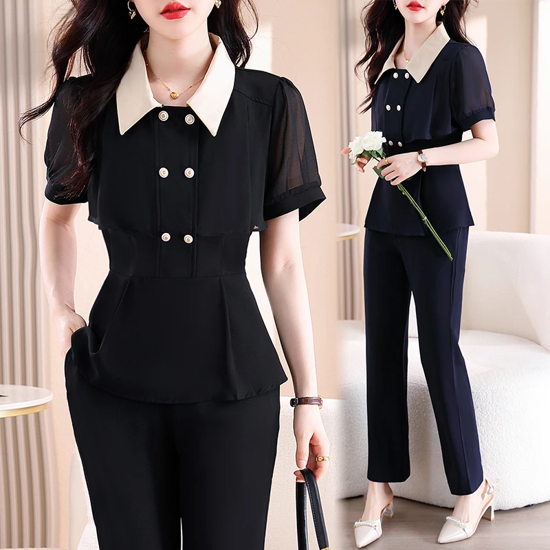 Women-S-Turn-Collar-Short-Sleeve-Pants-Sets-Fashion-Oversize-Slim-Two ...