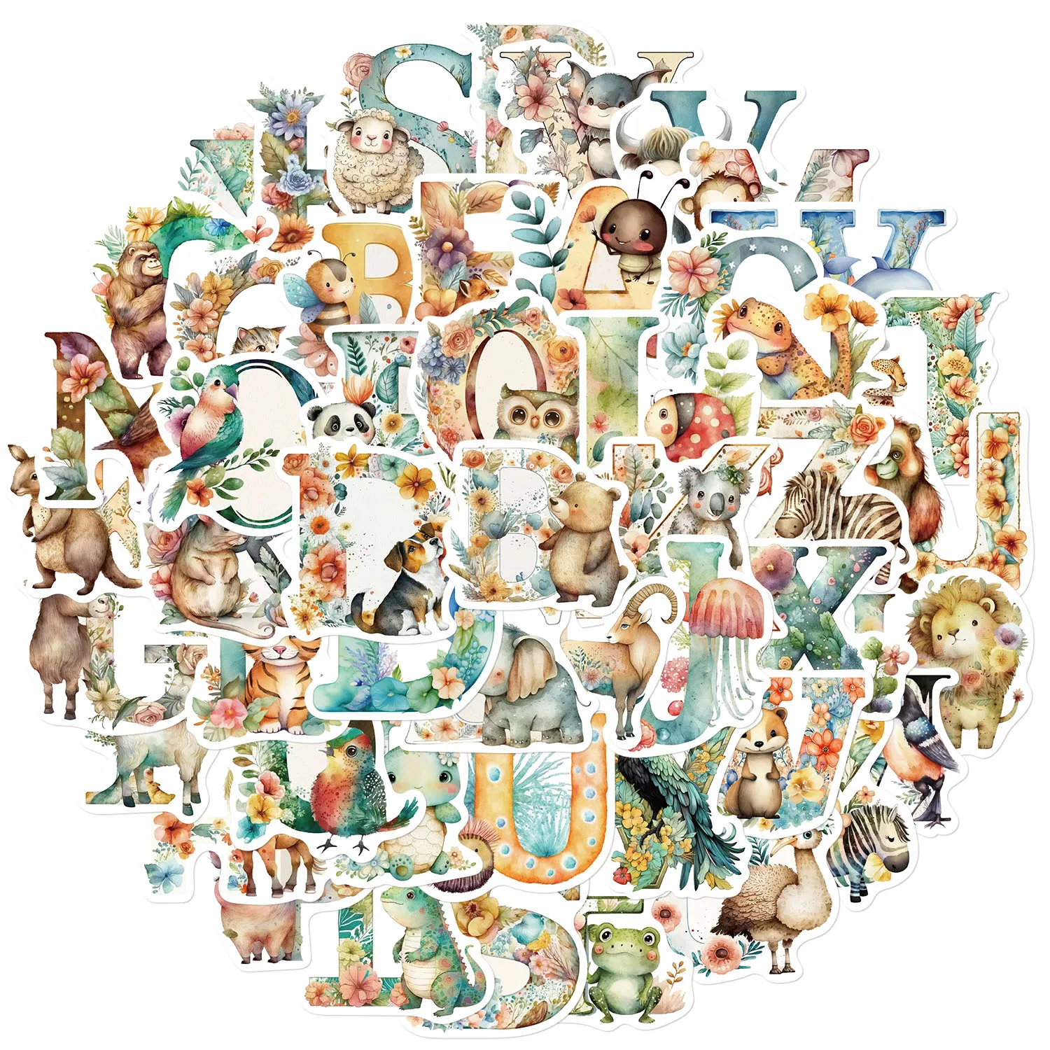 52pcs-Cute-Cartoon-Animals-Alphabet-Stickers-For-Laptop-Water-Bottle ...