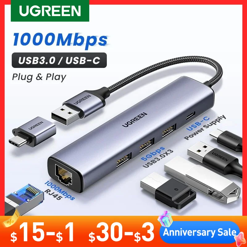 UGREEN-USB-Ethernet-Adapter-1000-100Mbps-USB3-0-HUB-RJ45-Lan-for-Laptop ...