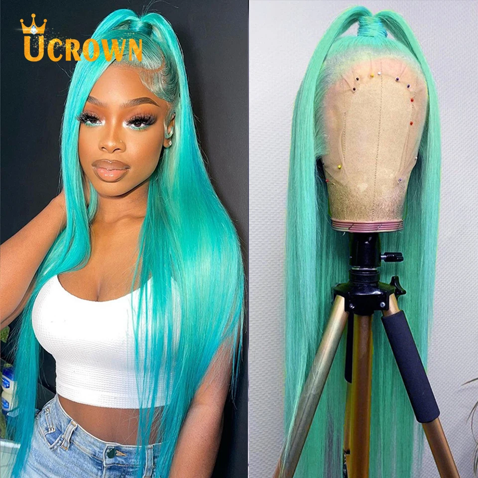 Green-Wig-Lace-Front-Human-Hair-Wigs-Mint-Green-Straight-Transparent ...