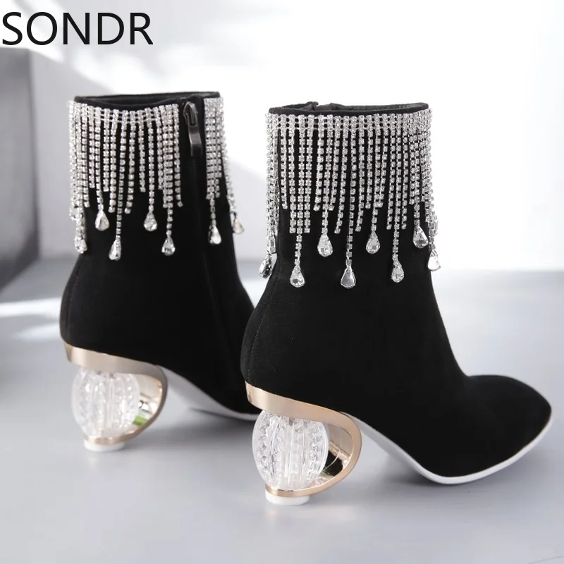 Botines de cuero de ante con punta redonda para mujer, zapatos de lujo ...