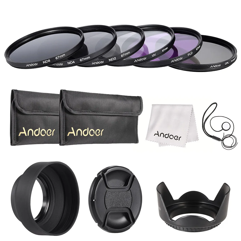 Andoer 67mm Lens Filter Kit UV+CPL+FLD+ND(ND2 ND4 ND8) with Carry Pouch ...