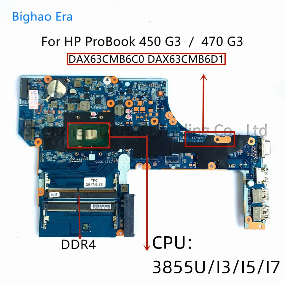 For Hp Probook 450 G3 470 G3 Laptop Motherboard Dax63cmb6d1 Dax63cmb6c0 With Cpu: Inter 3855u I3 ...