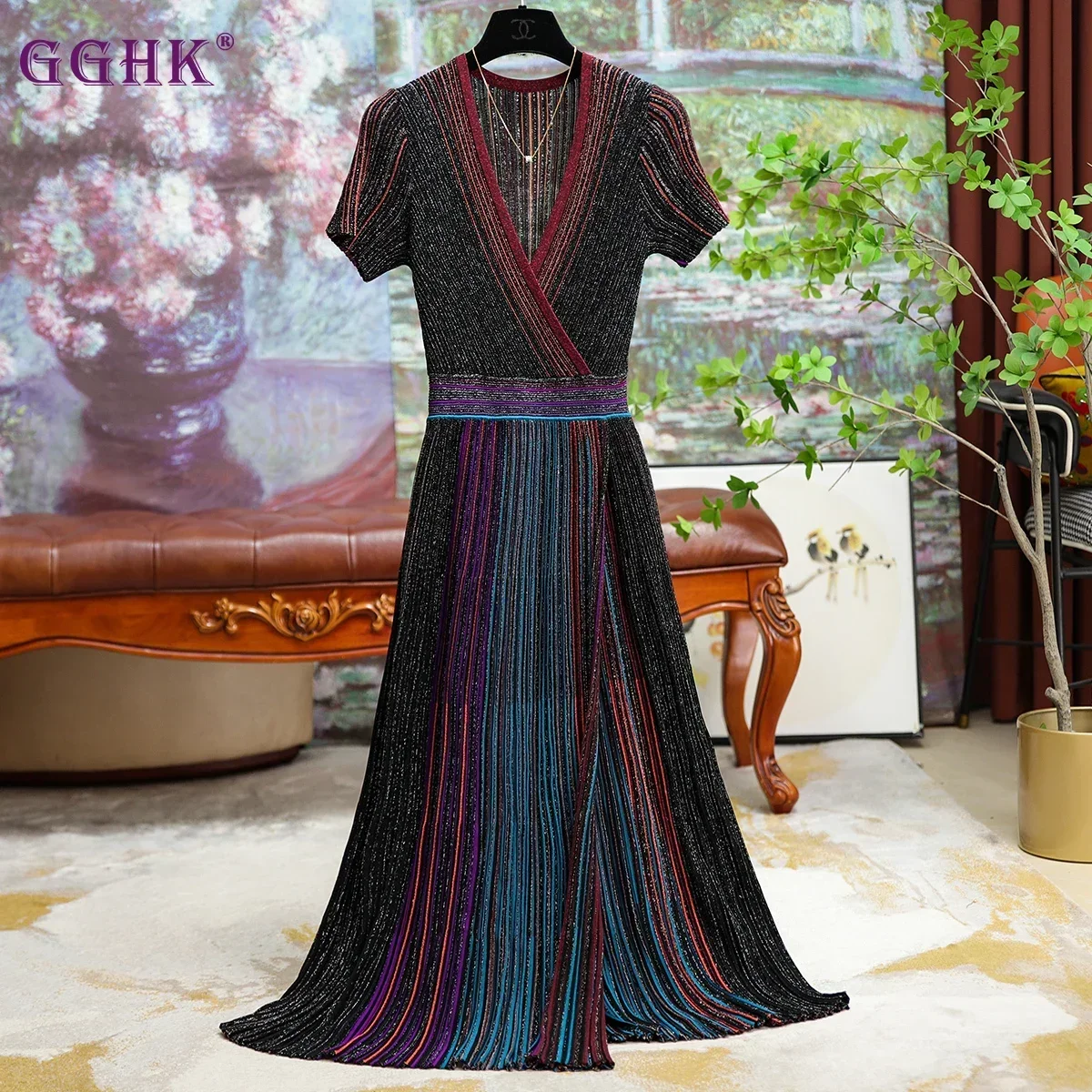GGHK-Stylish-V-neck-Knit-Maxi-Dress-with-Metallic-Stripes-2023-New ...