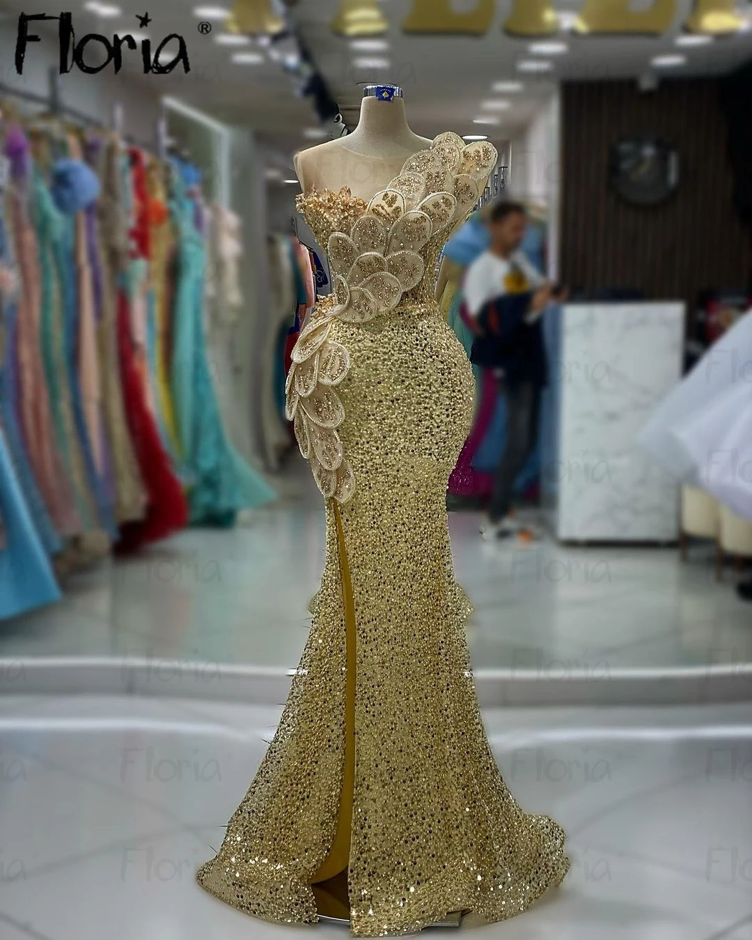 Dubai Long Mermaid Gold Evening Dress Aso Ebi Leaf Crystals Beads Engagement Party Gowns Luxury Robe Soiree Female Customized AliExpress