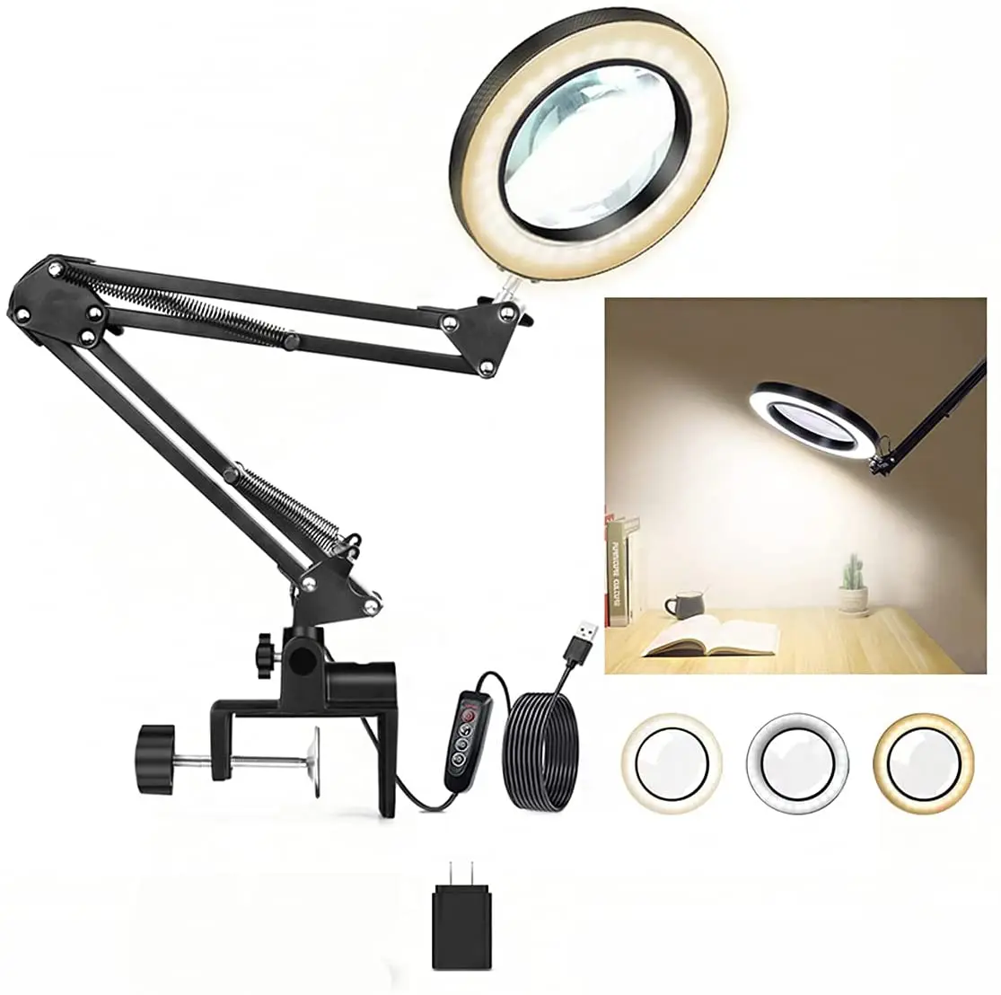 3 Adjustable LED Light 10 Brightness 5X Magnifying Lamp with Big Clamp ...