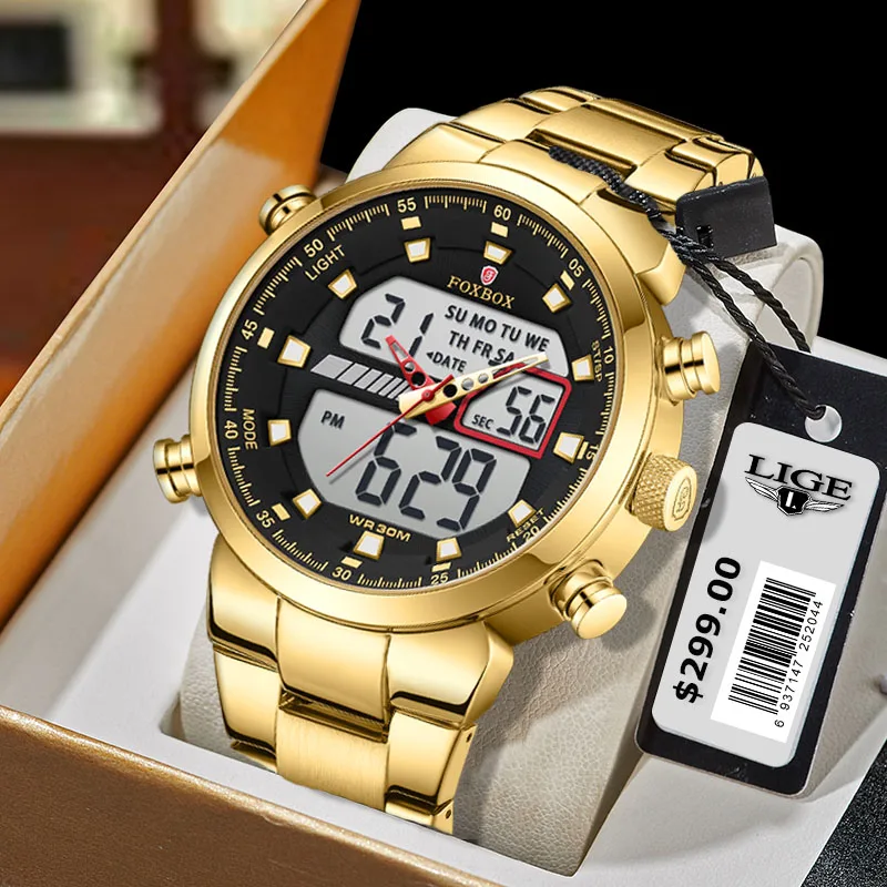 FOXBOX-Luxury-Original-Men-Sports-Wrist-Watch-Gold-Quartz-Steel-Dual ...