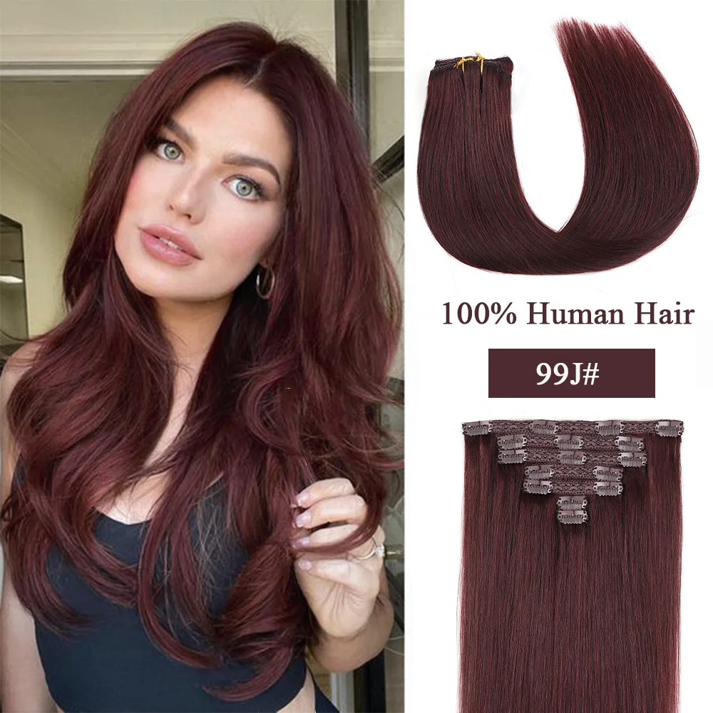 Clip-In-Hair-Extensions-100-Human-Hair-Clip-ins-Wine-Red-Color-99J ...