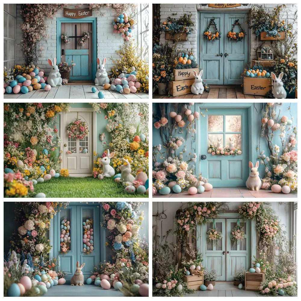 Spring Easter Backdrop Photography Rabbit Colorful Eggs Flowers ...
