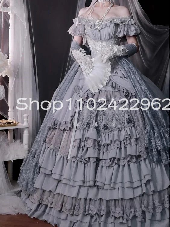 Silver-Grey-Lolita-Rococo-Princess-Prom-Dresses-Off-Shoulder-Lace-up ...
