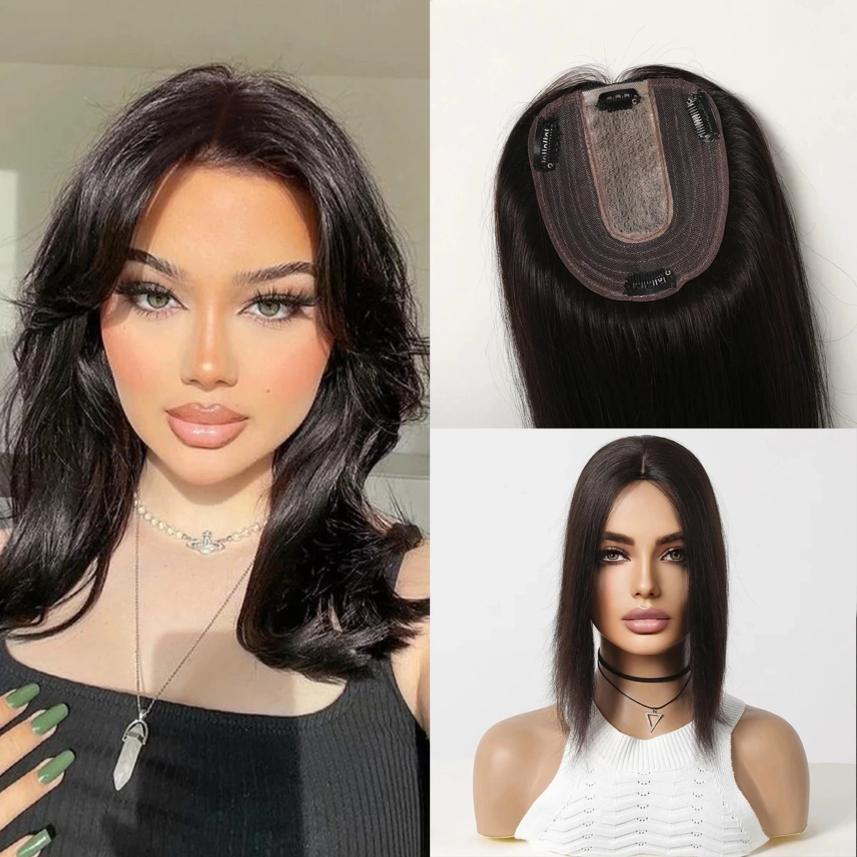 Black-Human-Hairs-Topper-Real-Remy-Hair-Toppers-Silk-Base-Clip-in-Hair ...