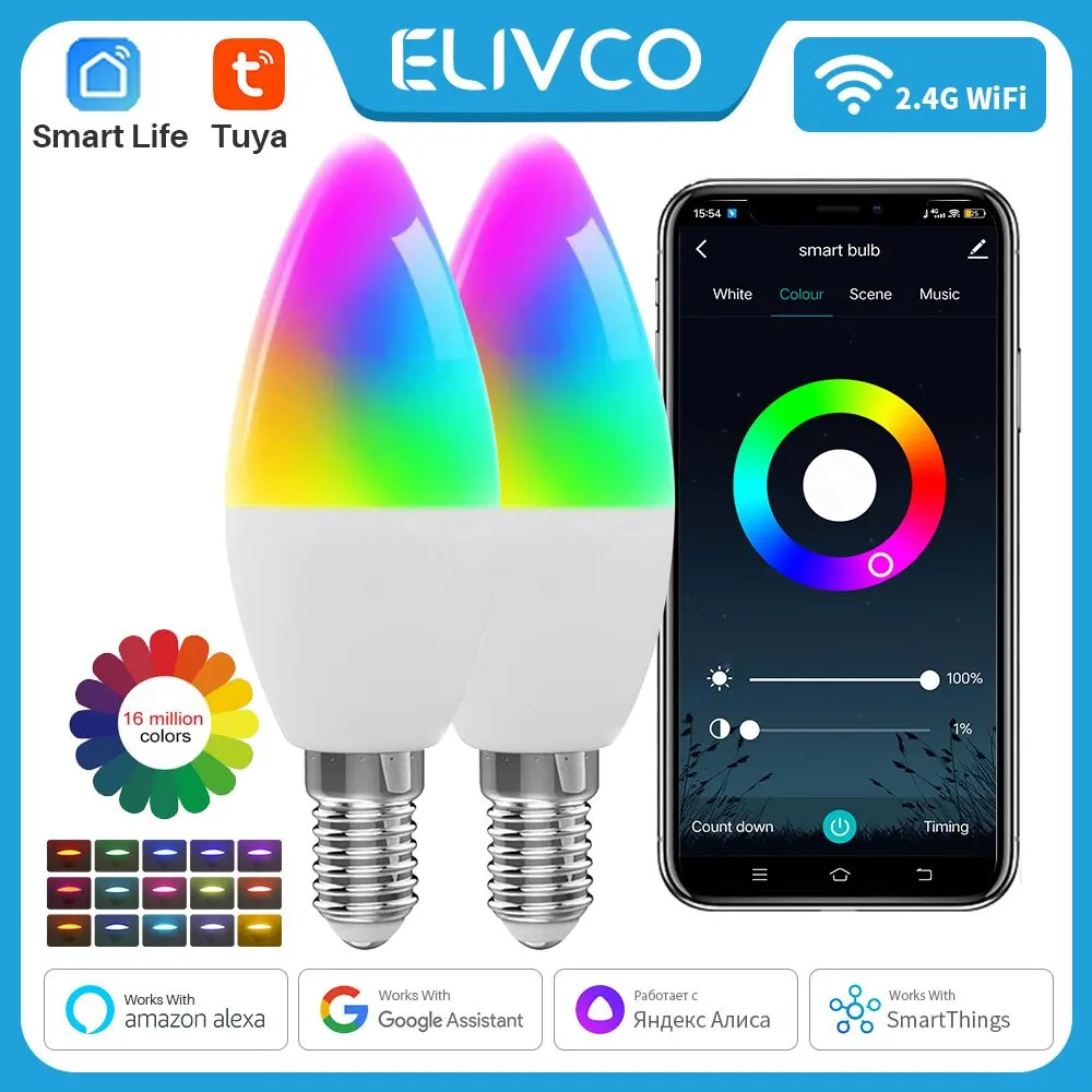 Tuya Smart Light Wifi Bulb Dimmable E14 Candle Lamp AC85-265V RGB+CW 5W Tuya Smart Life Support ...